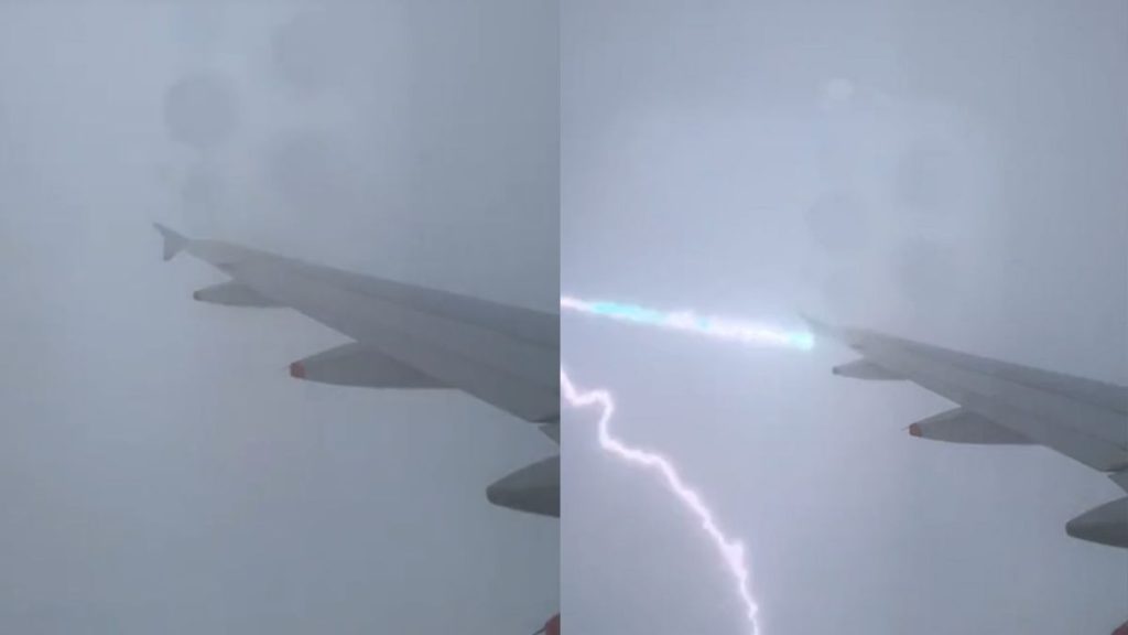 El momento exacto en que un rayo impacta a un avión en pleno vuelo